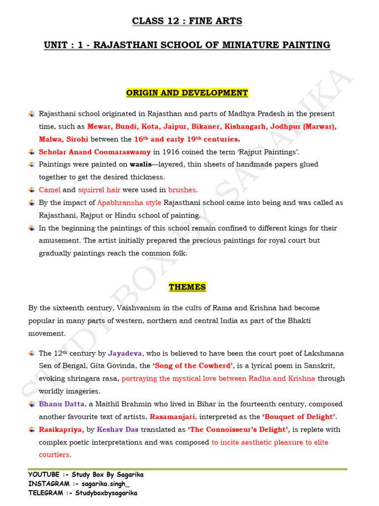 Full Notes Rajasthani School Class 12 | PDF | Paintings