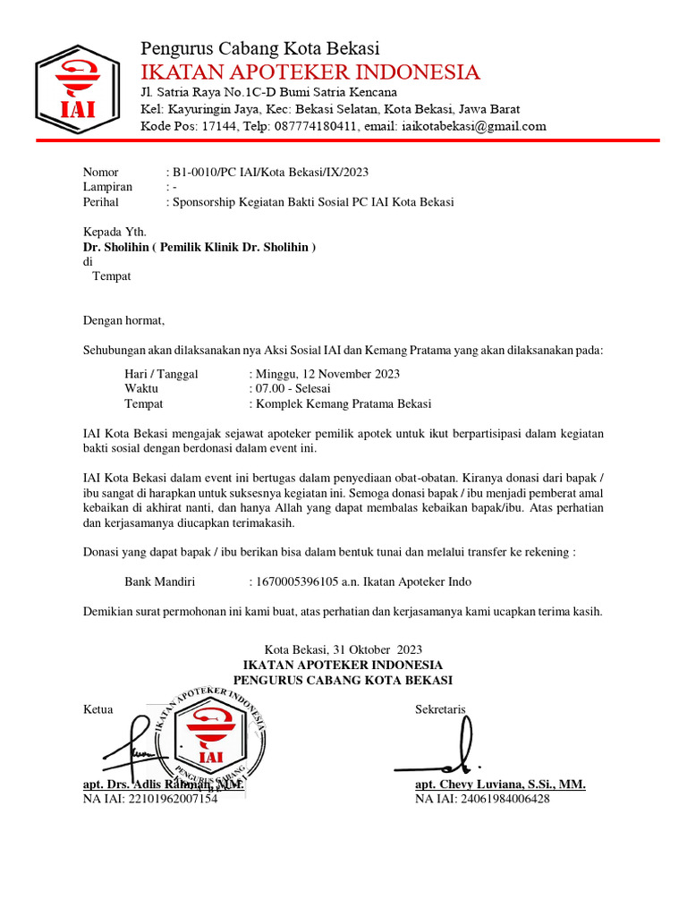 Surat Permohonan Bantuan Event Bakti Sosial (2) | PDF Surat Permohonan Bantuan Event Bakti Sosial (2) | PDF