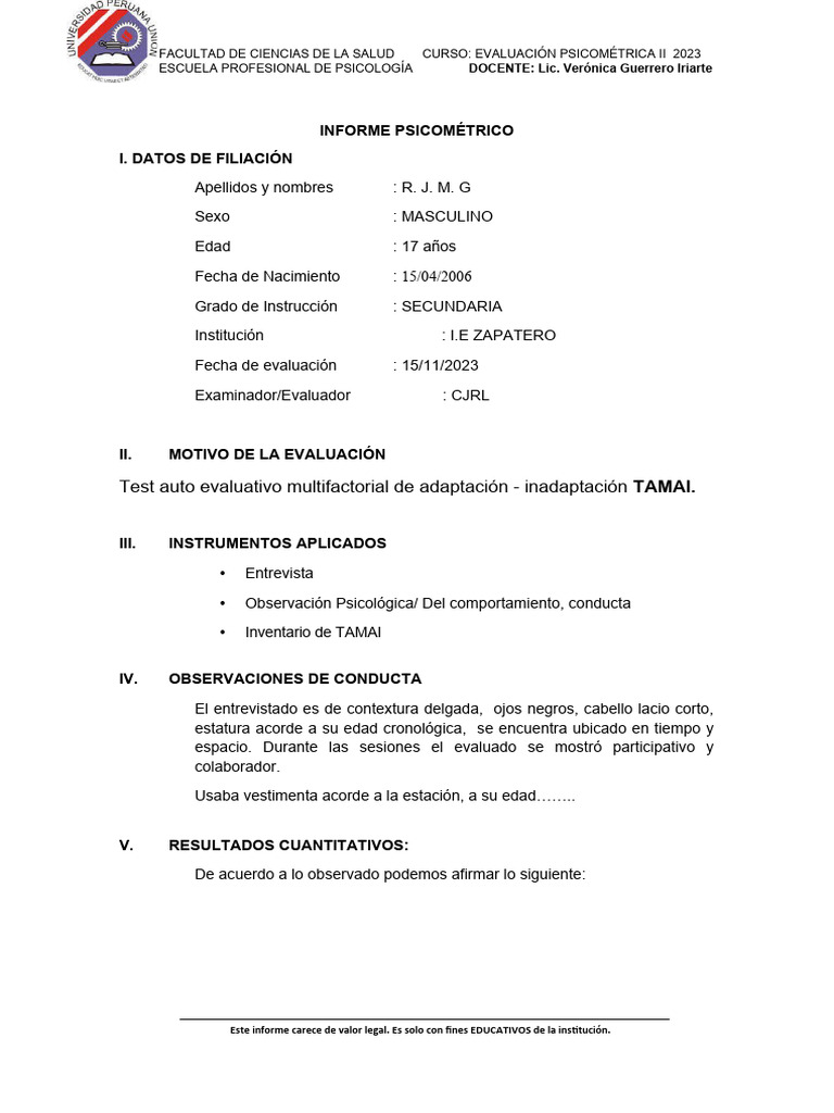 Modelo Inf. Psicométrico Bas 3 | PDF | Sicología | Evaluación