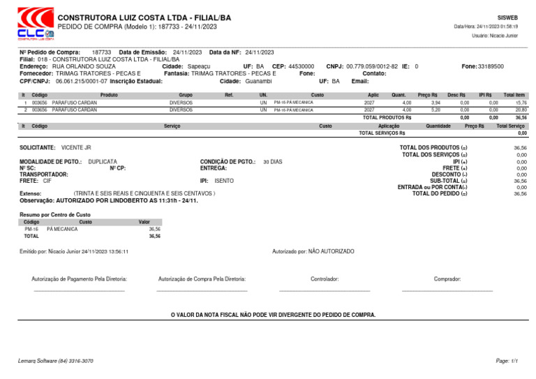 Pedido de Compra Construtora Luiz Costa | PDF