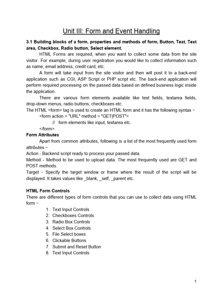 Unit III - Form and Event Handling | PDF | Html Element | Software