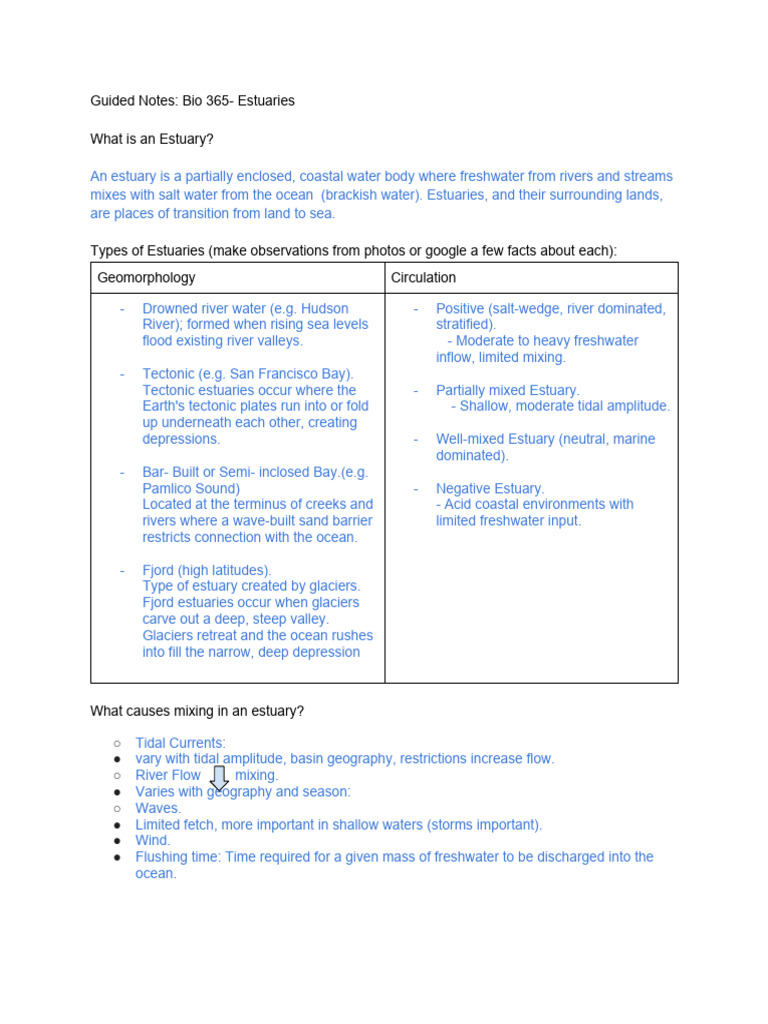 Guided Notes - Bio 365 - Estuaries by Lucia Galan Martin | PDF ...
