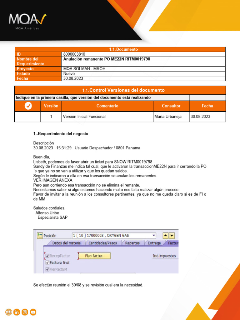 Documentacion Mesa de Ayuda 8000003810, Anulación Remanente PO ME22N ...