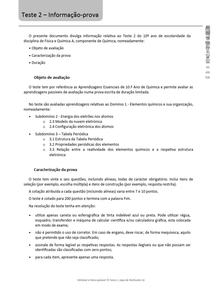 Teste 2 - Informação-Prova | PDF | Química | Átomos