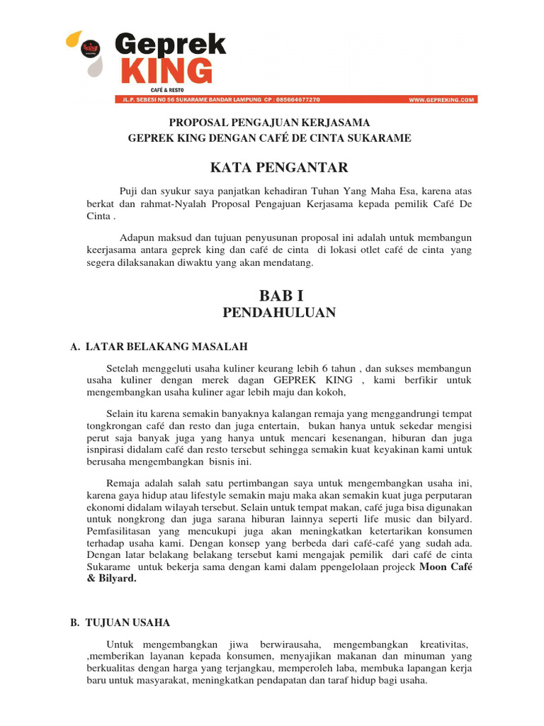 Proposal Pengajuan Kerjasama Cafe de Cinta Sukarame | PDF | Bisnis