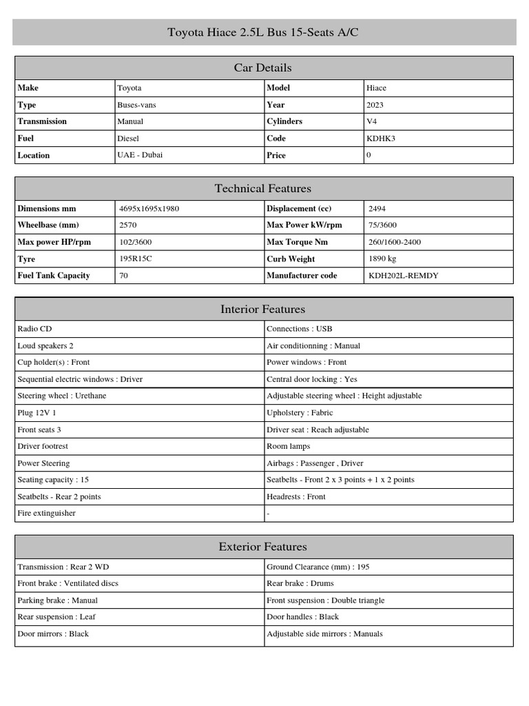 Hiace 25L SRoof Specs and Photos Toyota 15 Seats AC | PDF | Manual Transmission | Brake