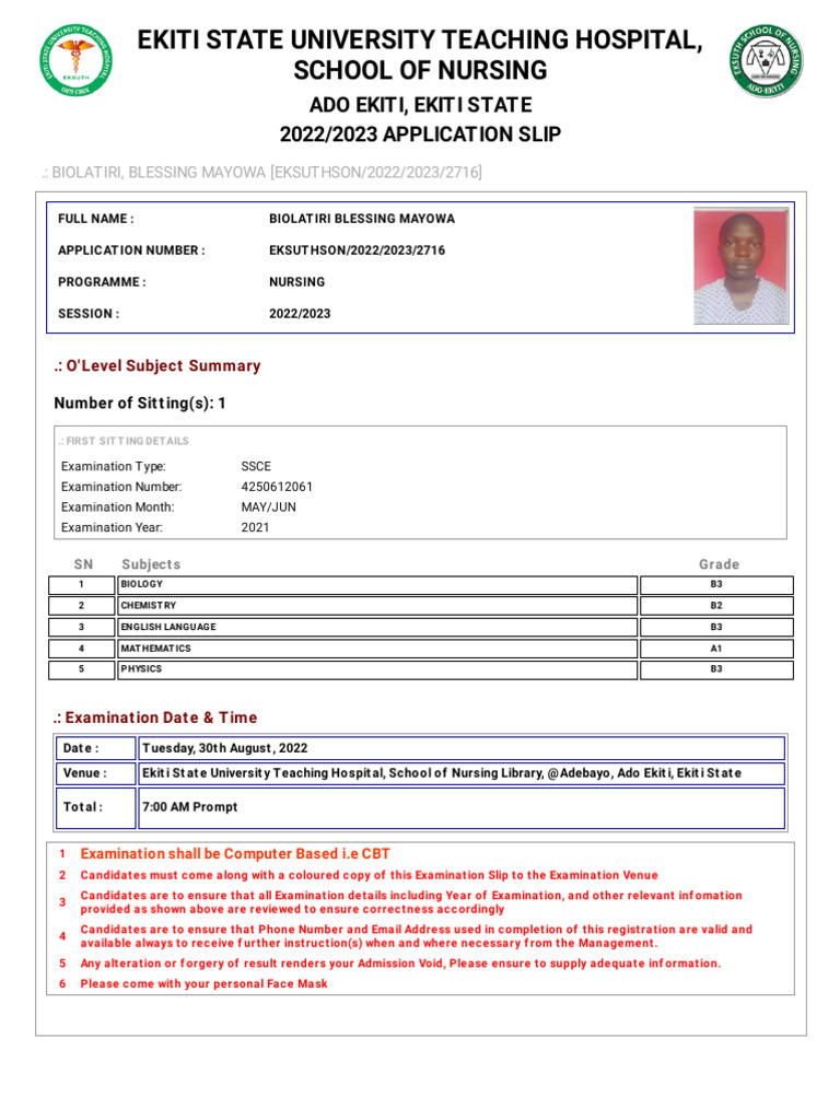 Application Slip - BIOLATIRI BLESSING MAYOWA - Ekiti State University Teaching Hospital, School ...