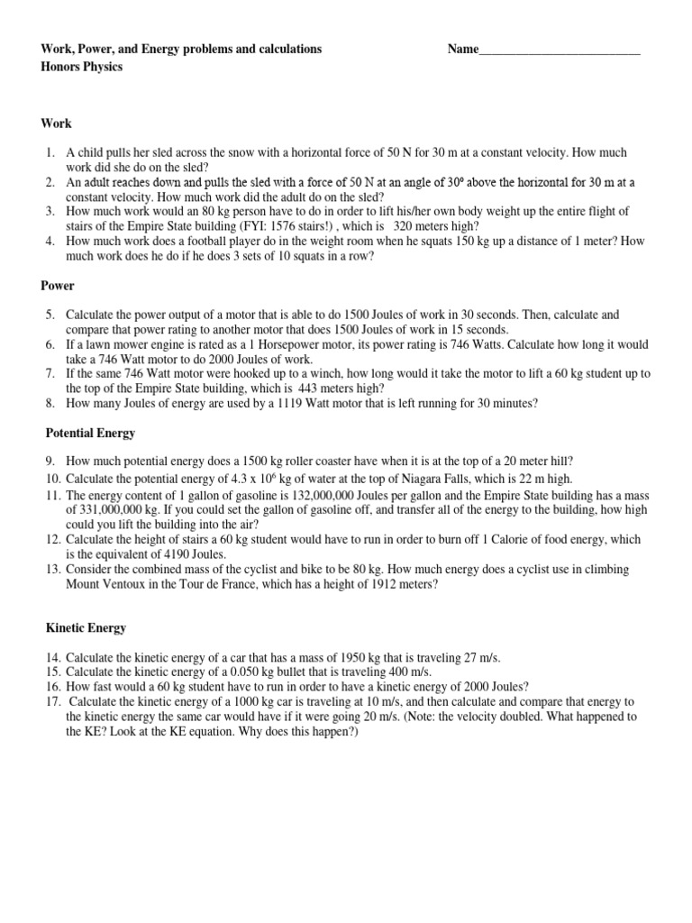 Physics Work, Power, Energy Problems | PDF | Power (Physics) | Kinetic Energy