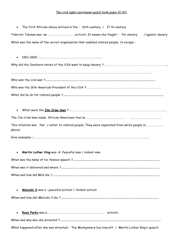 The Civil Rights Movement Quizz | PDF | Human Rights | Social Movements