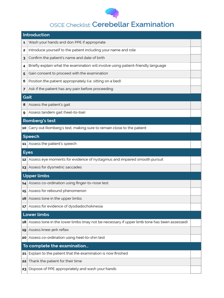 OSCE Checklist Cerebellar Examination | PDF