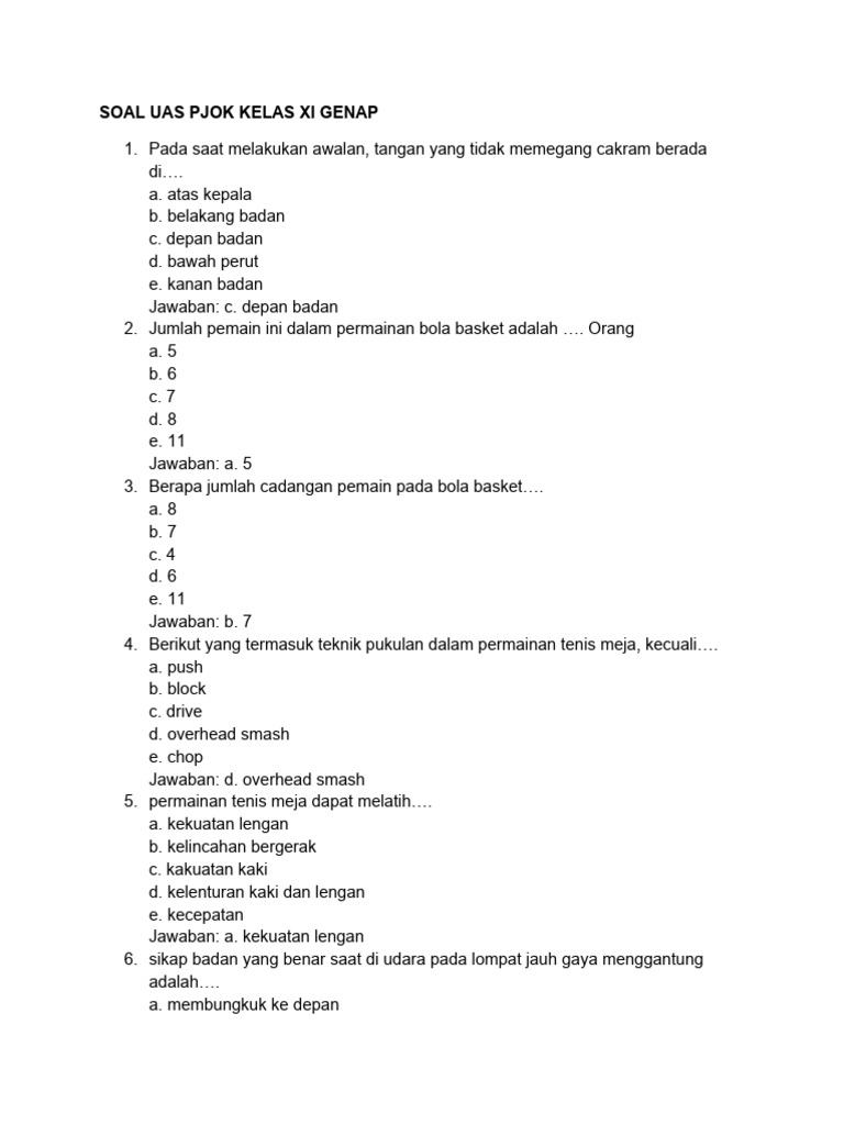 Soal Uas Pjok Kelas Xi Genap | PDF