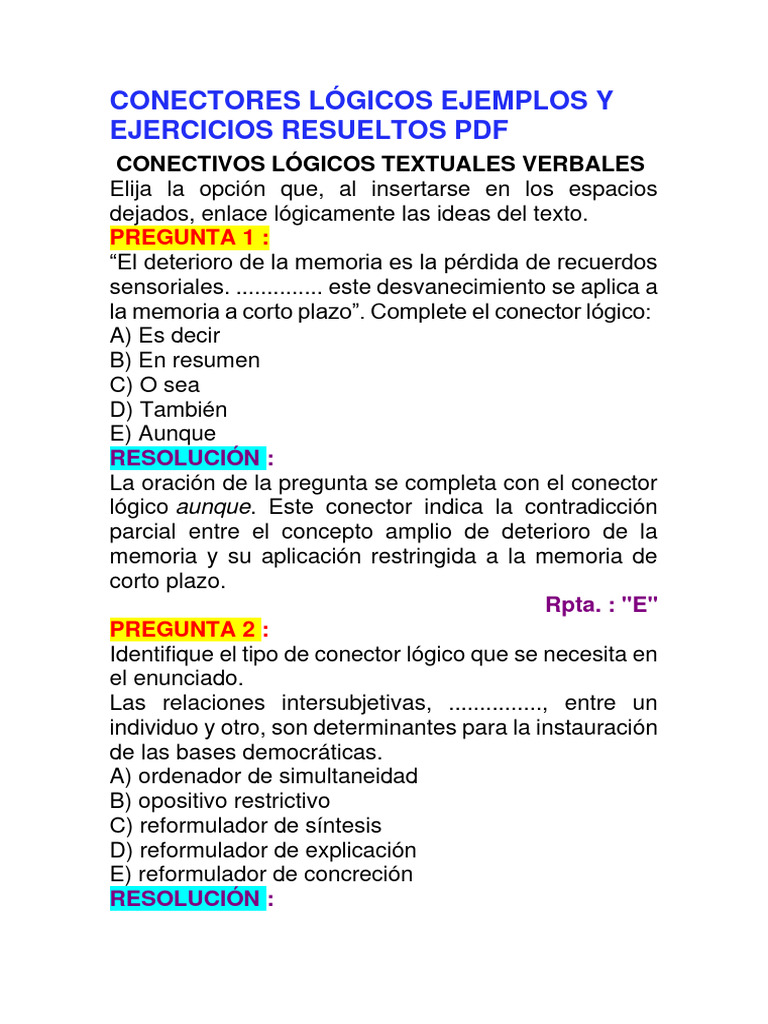 Conectores Lógicos Ejemplos y Ejercicios Resueltos PDF | PDF | Memoria ...