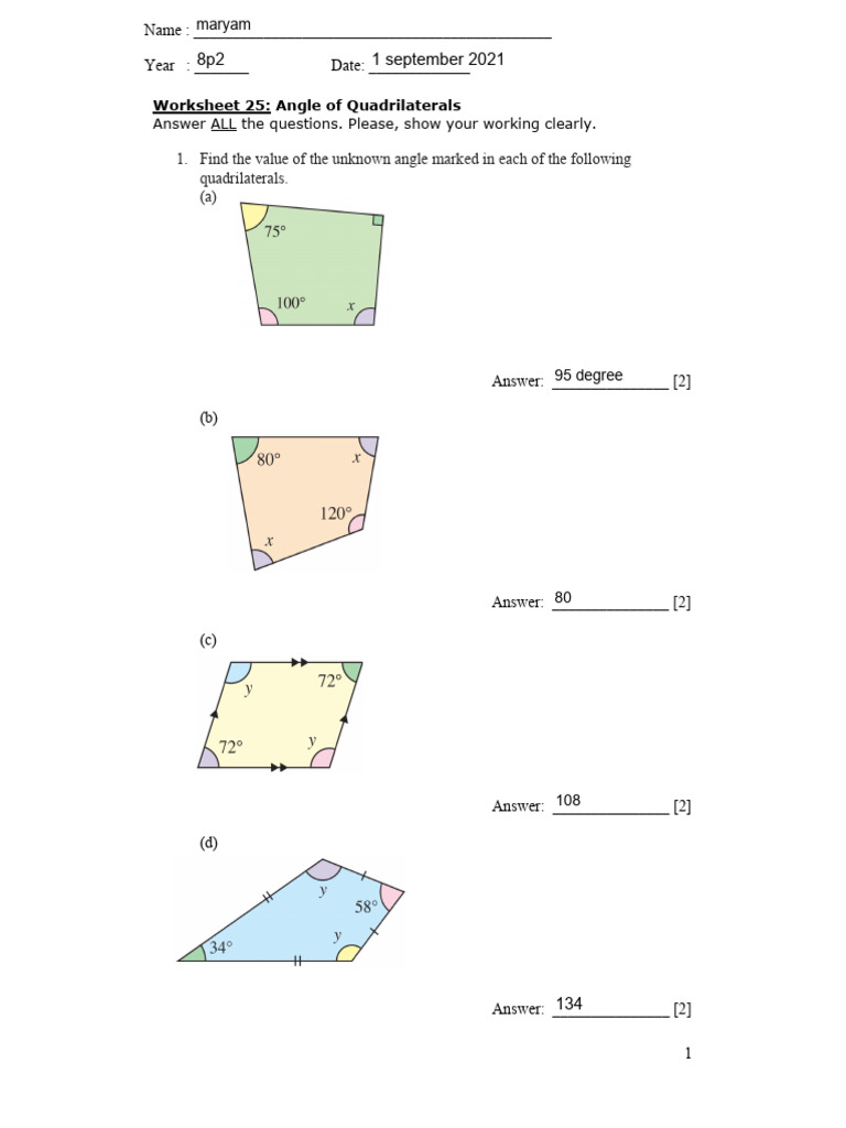 Worksheet 25 Angle of Quadrilaterals | PDF | Rectangle | Geometric Shapes