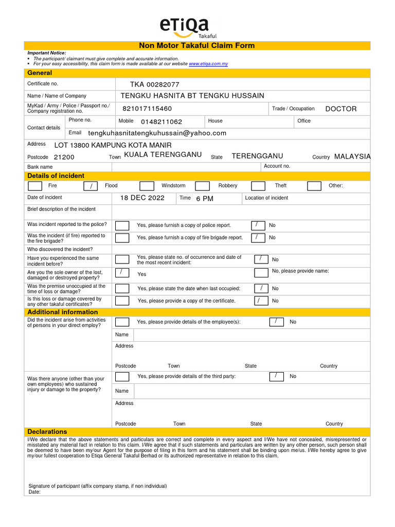 Claims Form For NON MOTOR | PDF