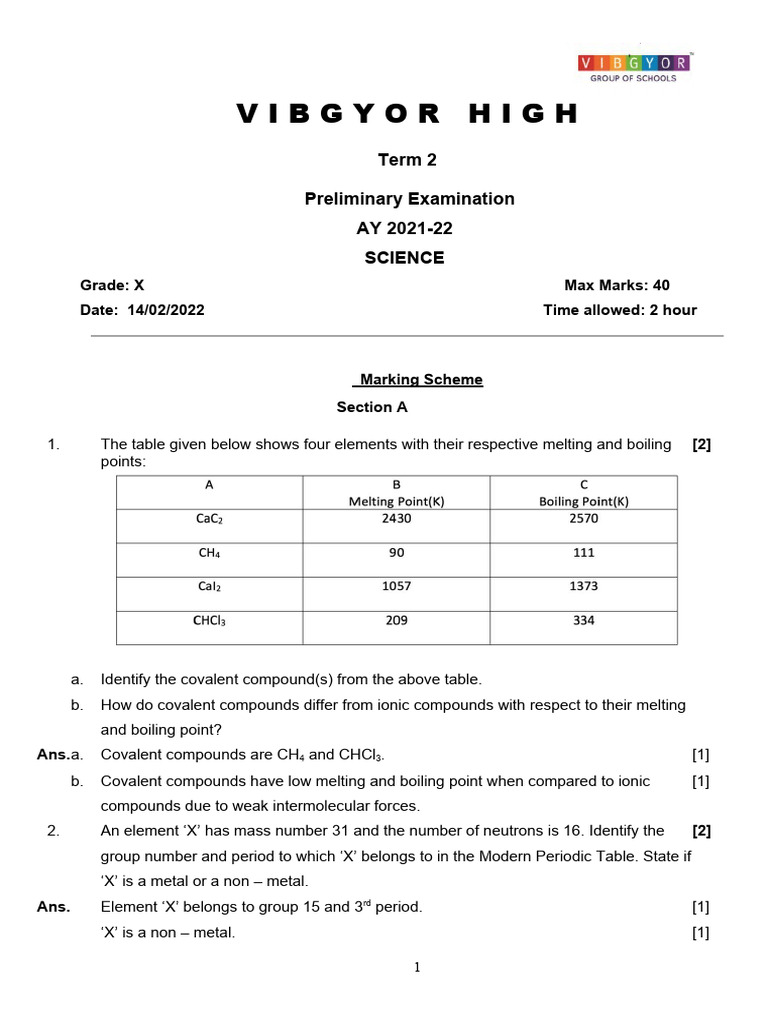 CBSE Gr10 Science MS T2 Prelim | PDF | Chemistry | Nature