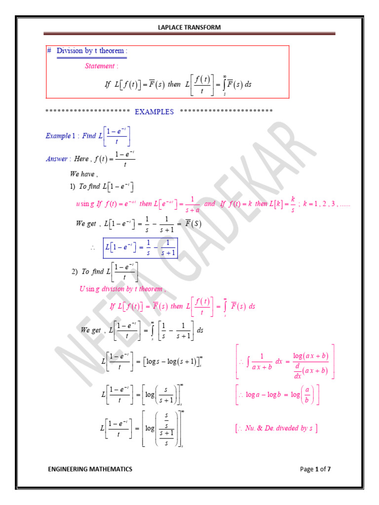 Unit - IV Laplace Transform - Division by T Theorem | PDF ... Unit - IV Laplace Transform - Division by T Theorem | PDF ...