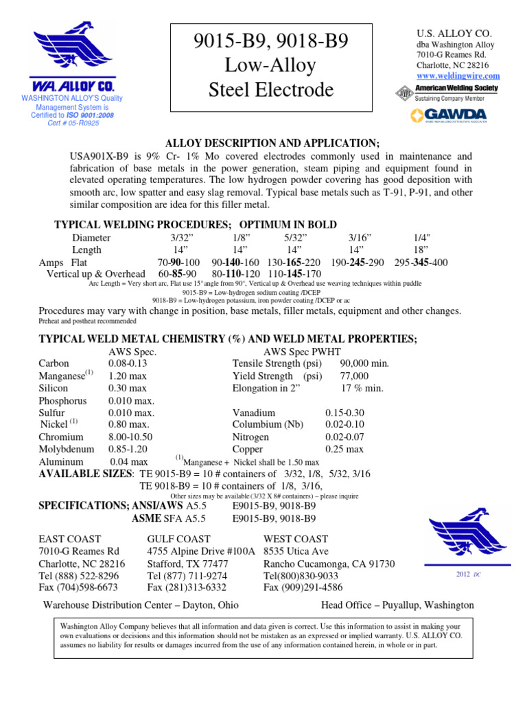9015-B9, 9018-B9 Low-Alloy Steel Electrode: Dba Washington Alloy 7010-G ...