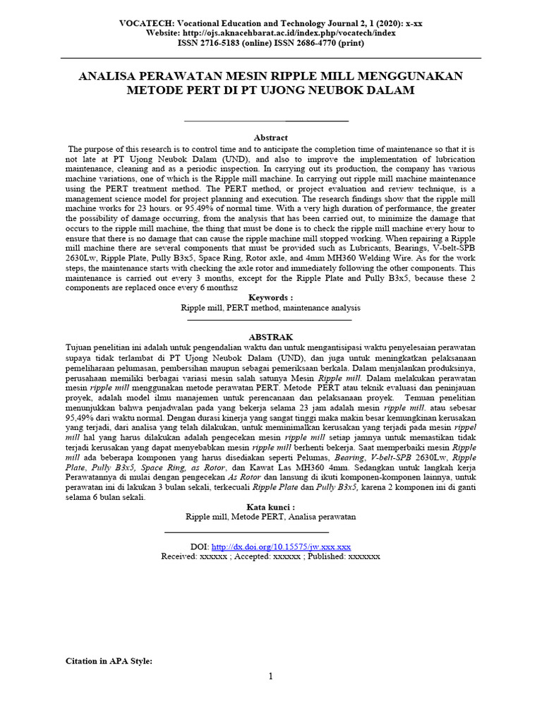Analisa Perawatan Mesin Ripple Mill Menggunakan Metode Pert Di PT Ujong ...