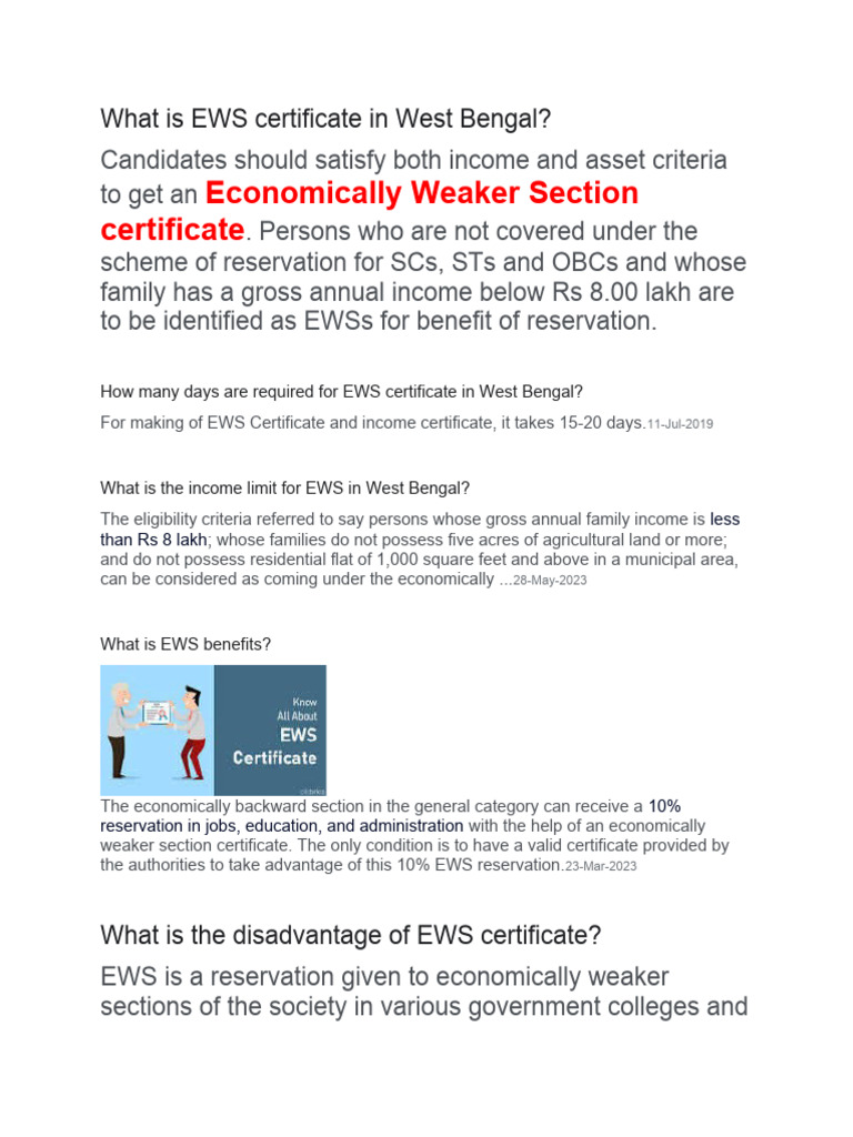 What Is EWS Certificate in West Bengal | PDF