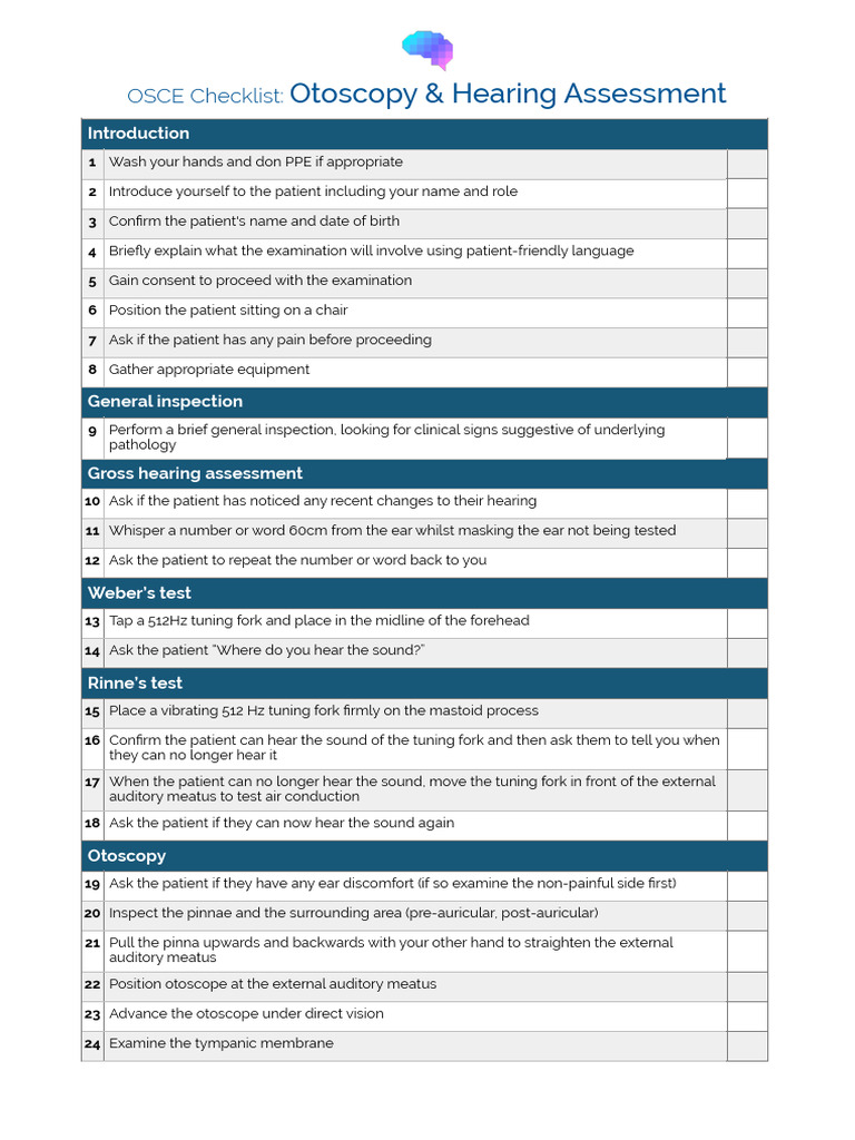 OSCE Checklist Otoscopy and Hearing Assessment | PDF OSCE Checklist Otoscopy and Hearing Assessment | PDF