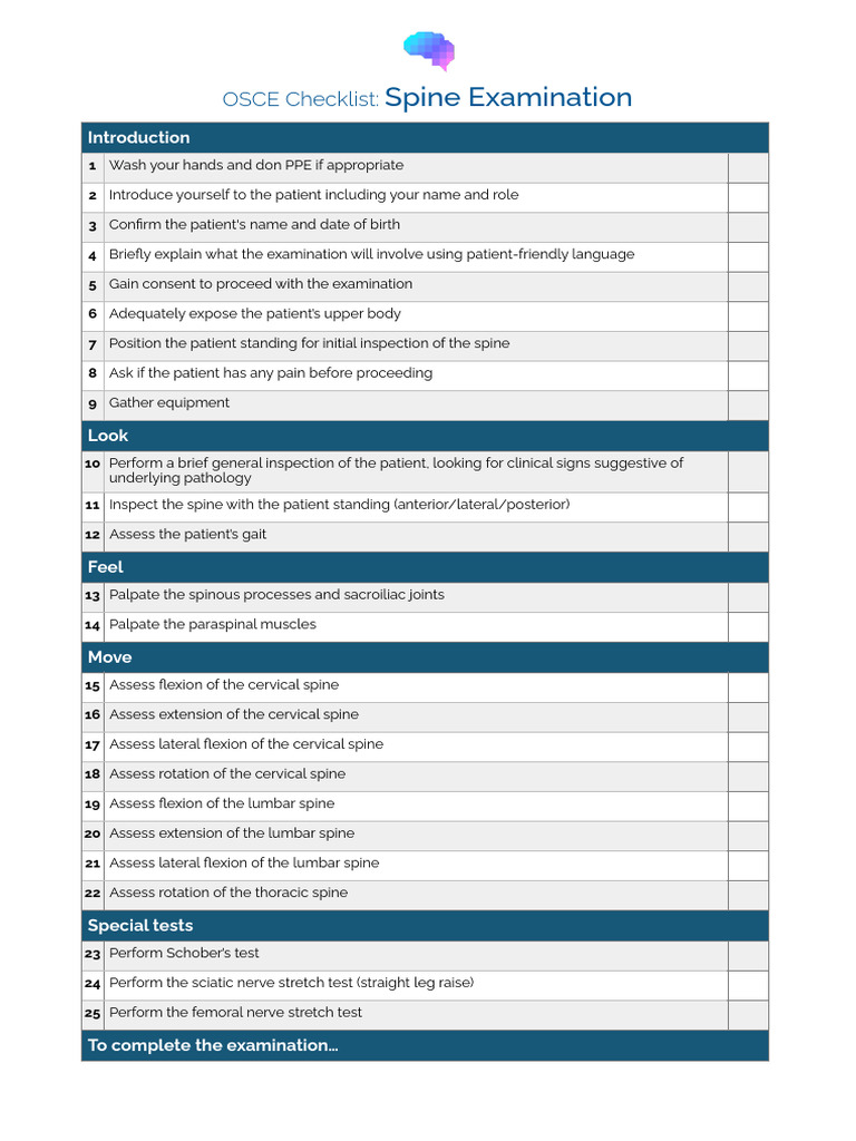 OSCE Checklist Spine Examination | PDF