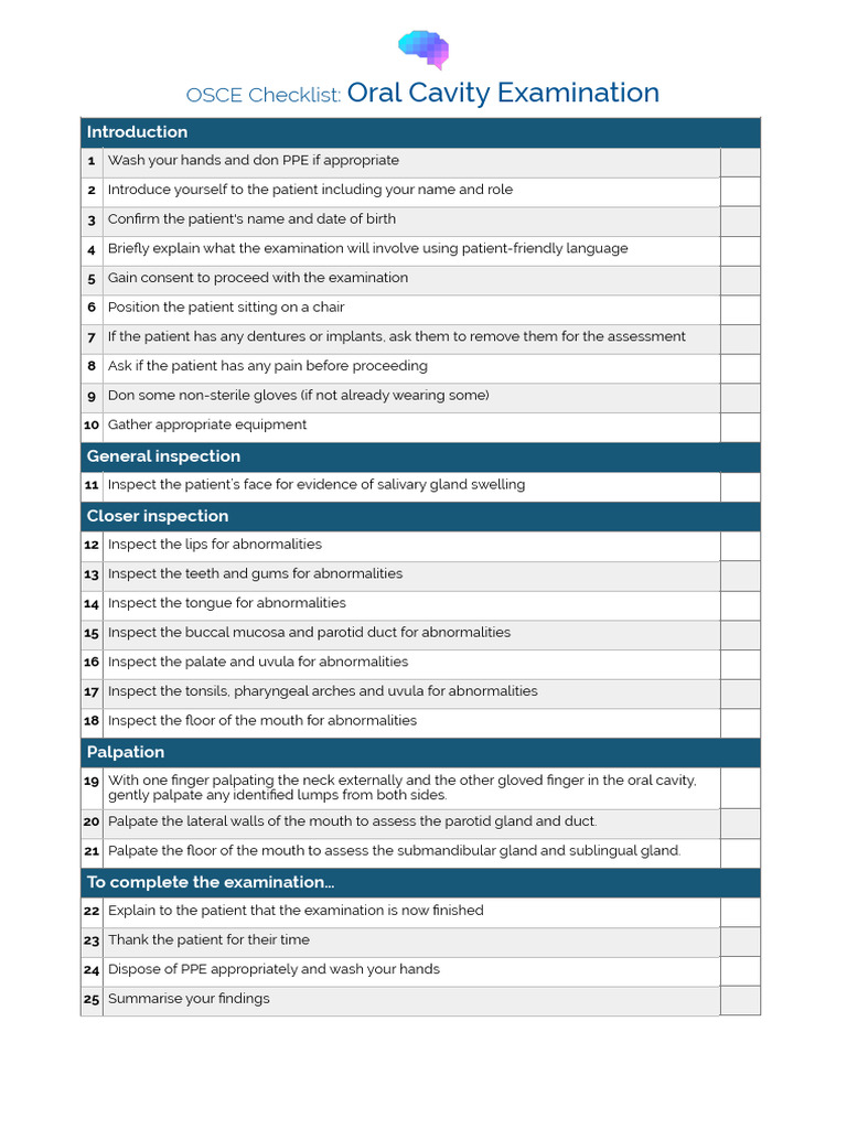 OSCE Checklist Oral Cavity Examination 1 | PDF OSCE Checklist Oral Cavity Examination 1 | PDF