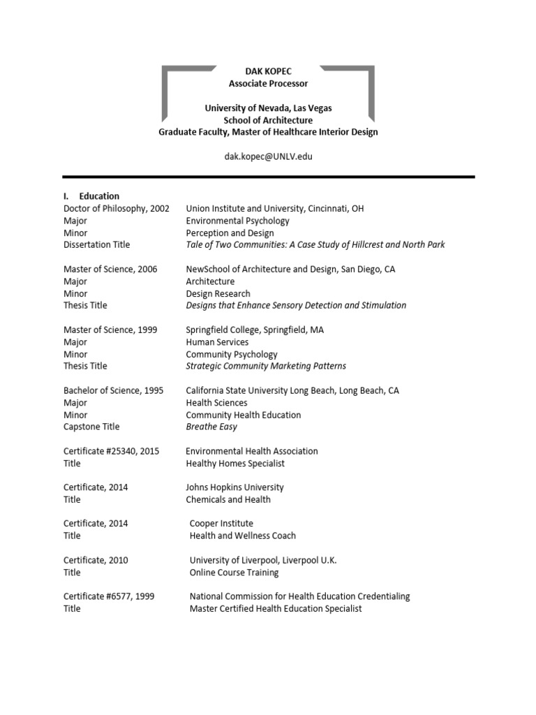 Dak Kopec CV | Download Free PDF | Thesis | Curriculum