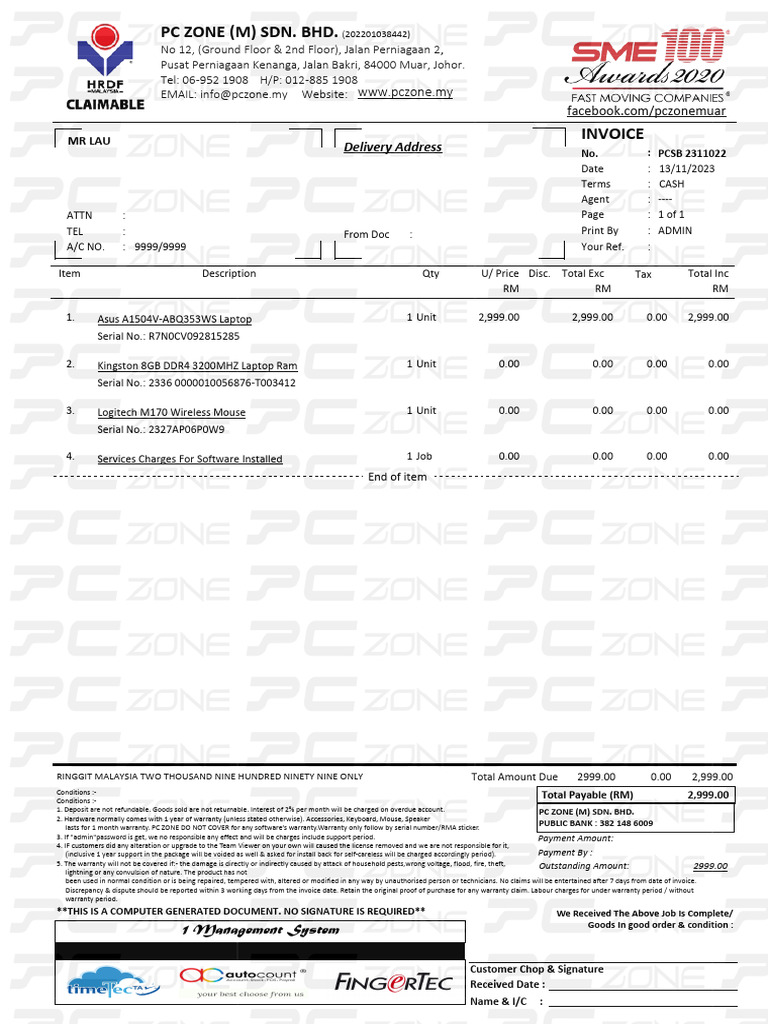 PC Zone (M) Sdn. BHD.: Invoice | PDF | Computer Hardware | Computing