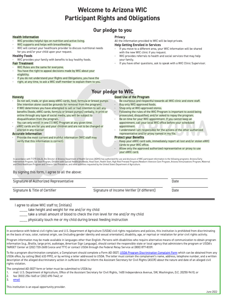 Wic Participant Rights Obligations Arizona | PDF | Wic | United States ...
