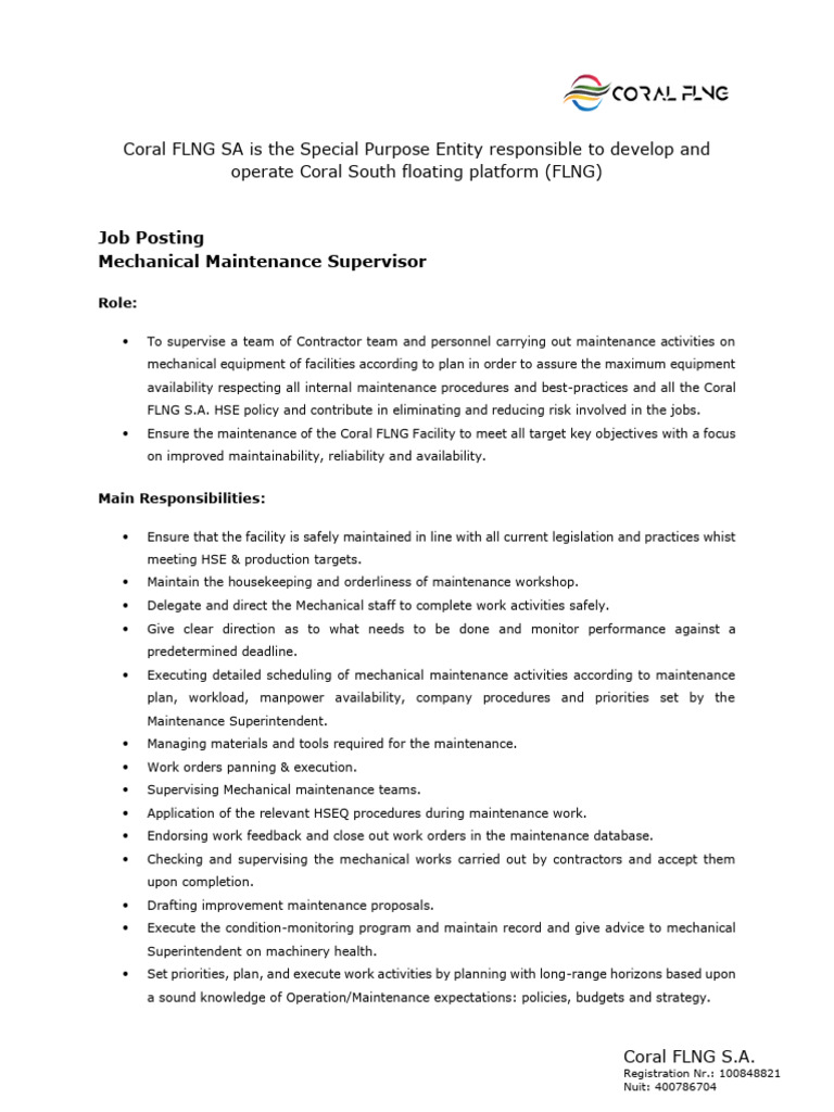 Mechanical Maintenance Lead Needed | PDF | Reliability Engineering