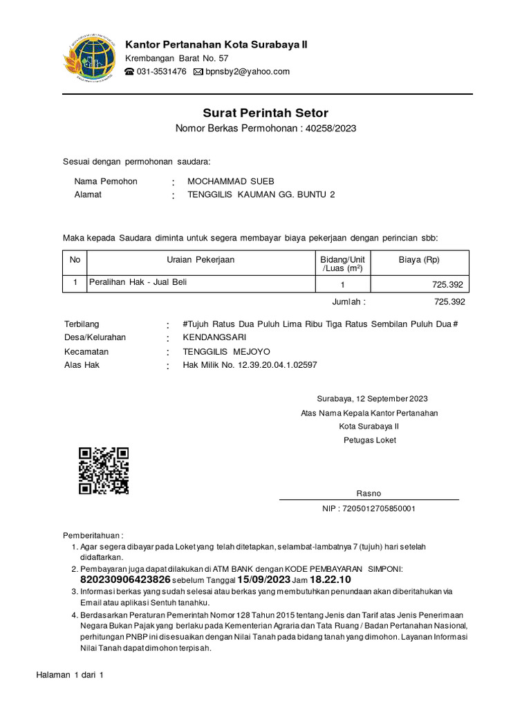 Surat Perintah Setor Biaya Pertanahan Surabaya | PDF
