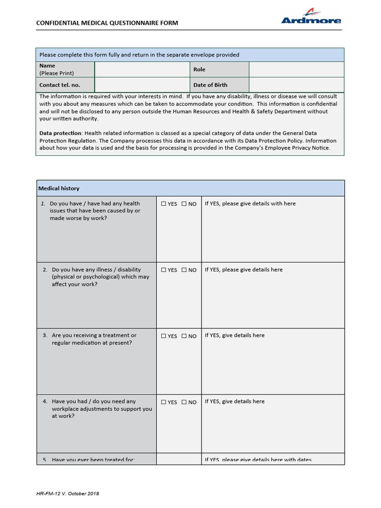 Confidential Medical Questionnaire | PDF | Disability | Clinical Medicine