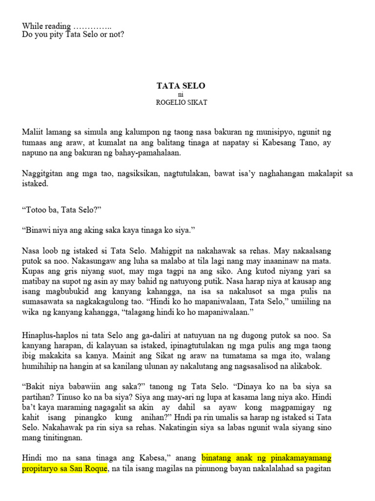 Philippines Tata Selo Ni Rogelio Sikat | PDF