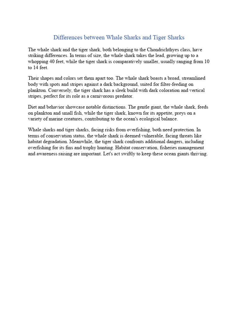 Differences Between Whale Sharks and Tiger Sharks | PDF