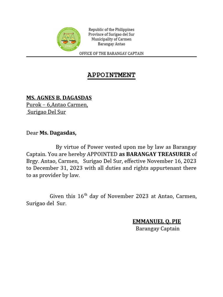 Appointment (Barangay Utility) | PDF