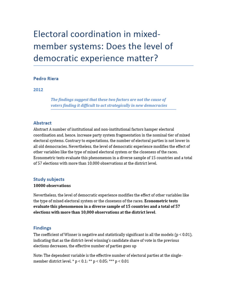 Electoral Coordination in Mixed Member Systems Does The Level of ...
