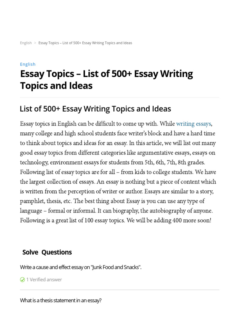Topics for essay in english store