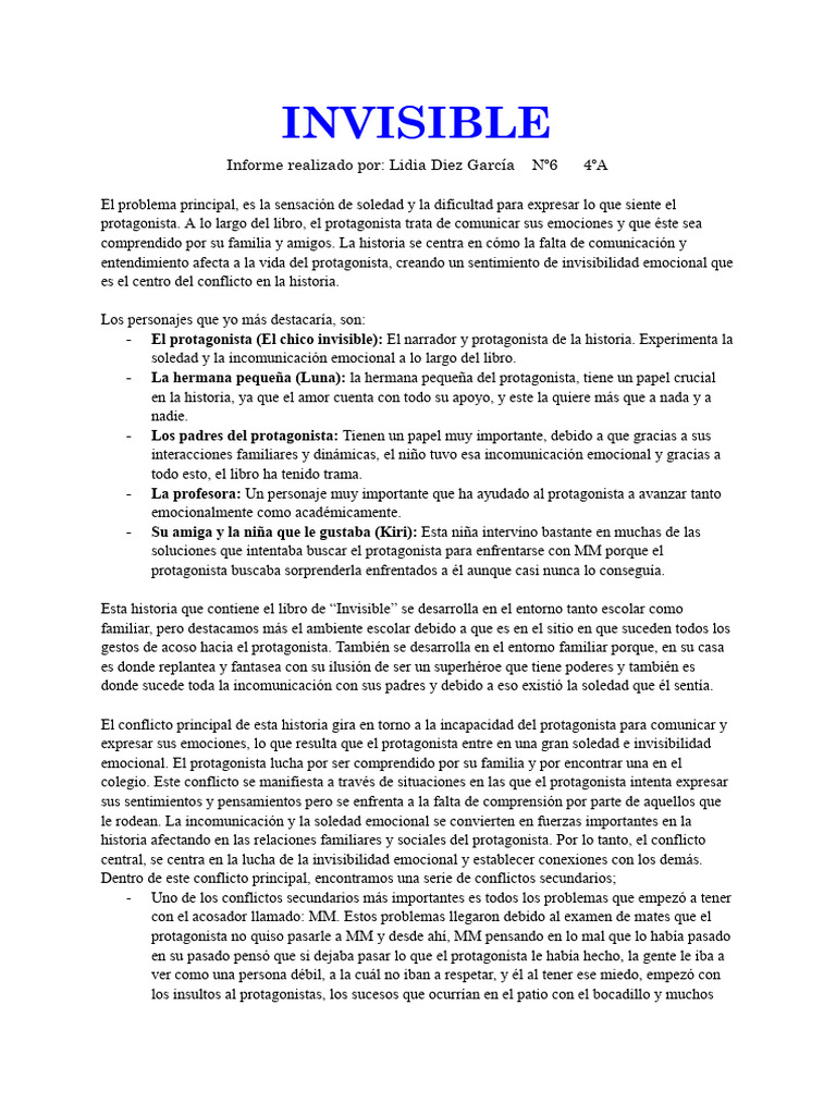 Invisibilidad emocional en "Invisible" | PDF | Las emociones | Soledad