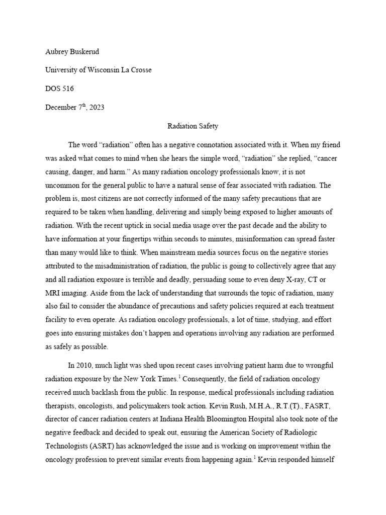 Radiation Safety Paper - Aubrey Buskerud-2 1 | PDF | Radiation Therapy ...