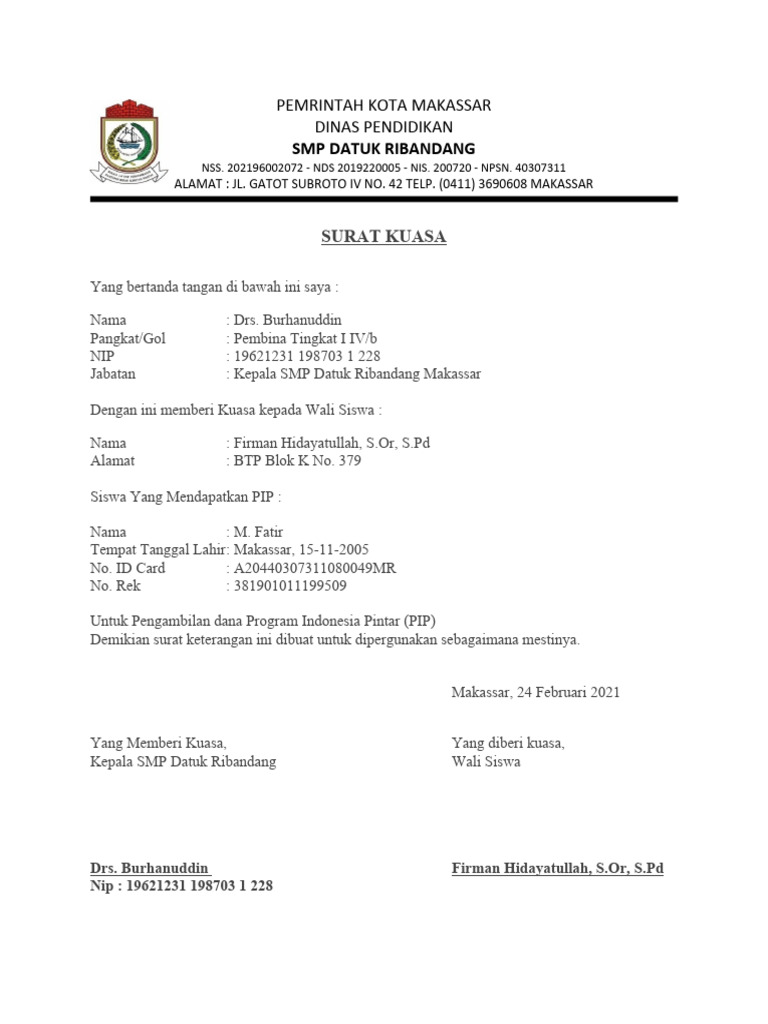 Surat Kuasa Siswa Pengambilan Pip | PDF