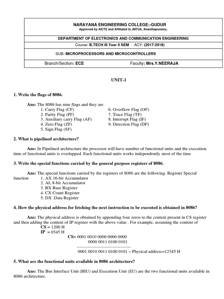 Branch/Section: ECE: Course: B.TECH III Year II SEM ACY: (2017-2018) Sub: Microprocessors and ...