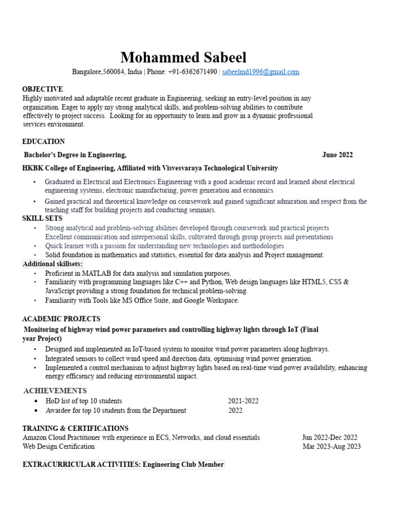 Mohammed Sabeel New Resume | PDF | Engineering | Electrical Engineering