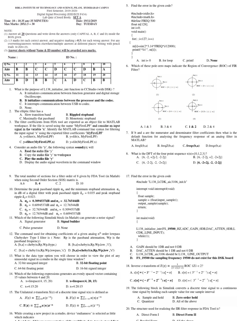 DSP Lab Quiz Exam Answer Key - Seta - Setb - Setc - Setd | Download Free PDF | Signal Processing ...