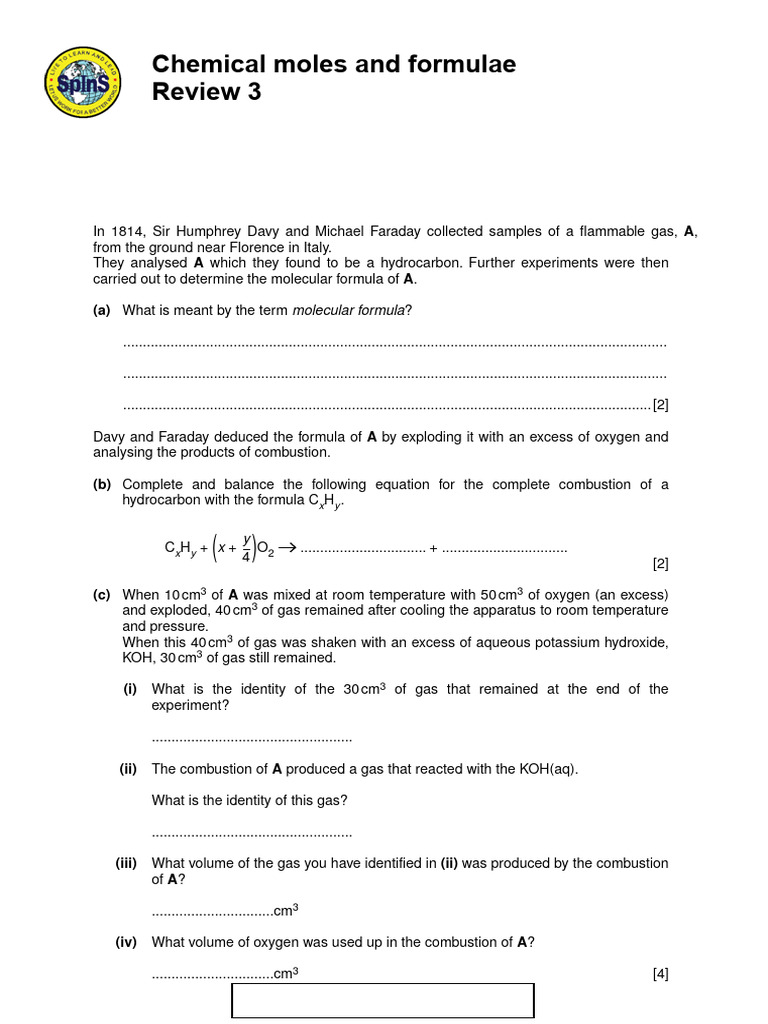 Chemical Moles & Formulae Review 3 [09.07.21] | PDF | Combustion | Gases