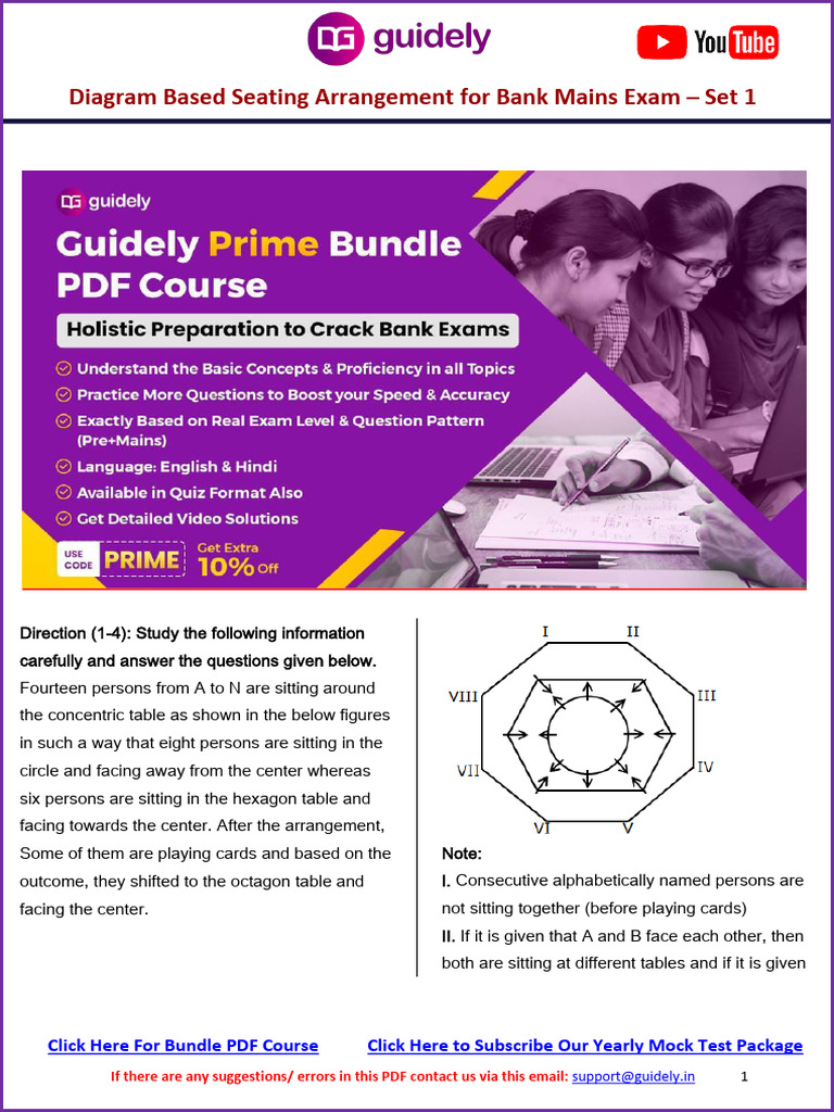 Diagram Based Seating Arrangement Questions Free PDF Set 1 (Mains) | PDF