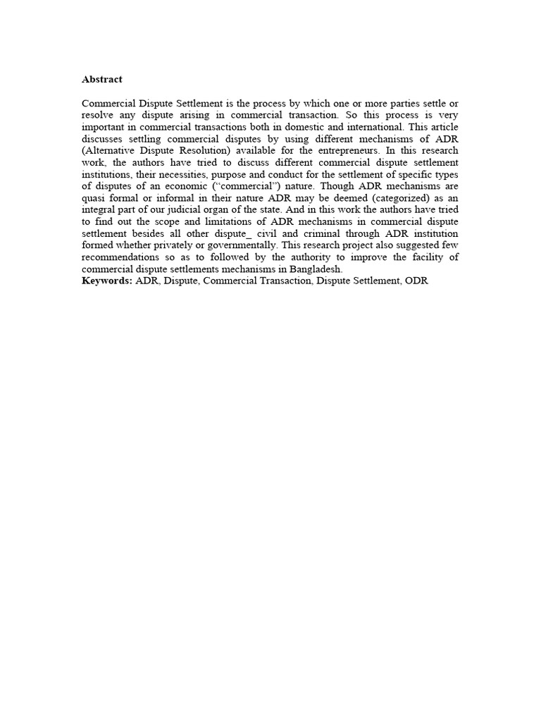 Implementation of Adr in Commercial Dispute | PDF | Alternative Dispute Resolution | Mediation