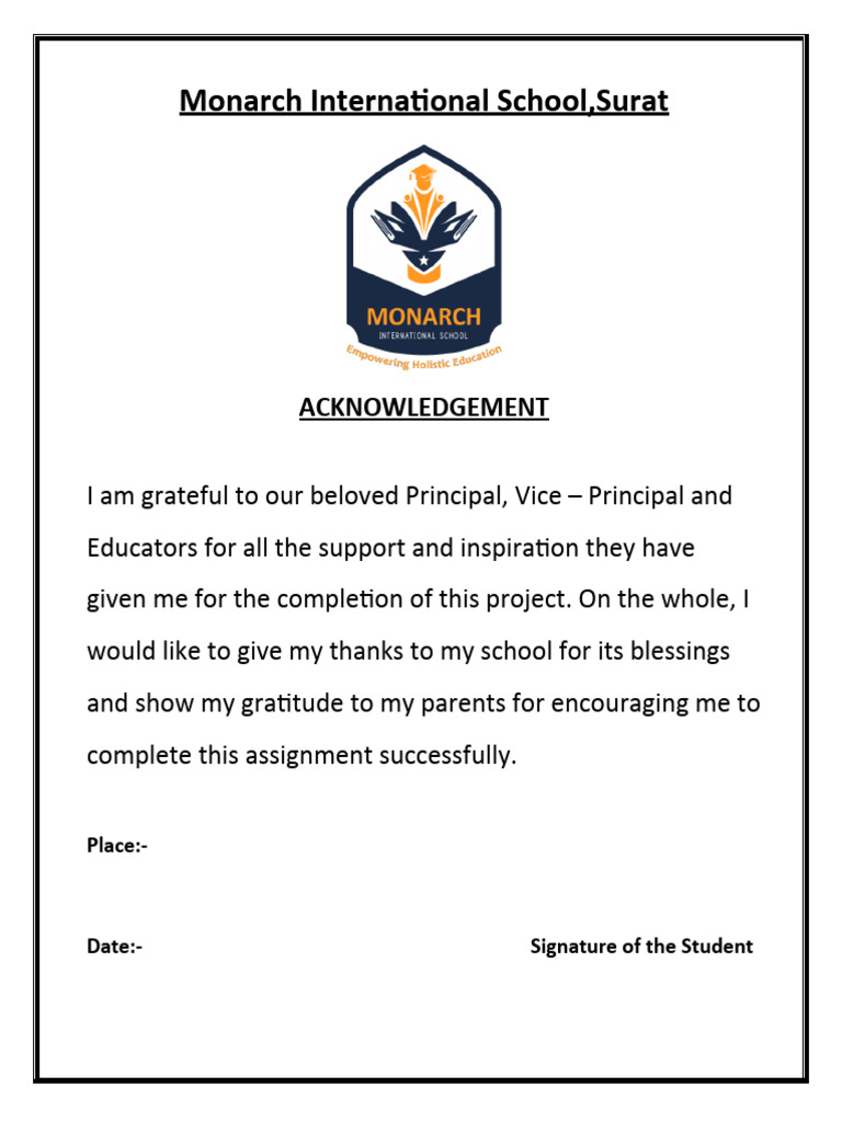 Monarch International School, Surat: Acknowledgement | PDF