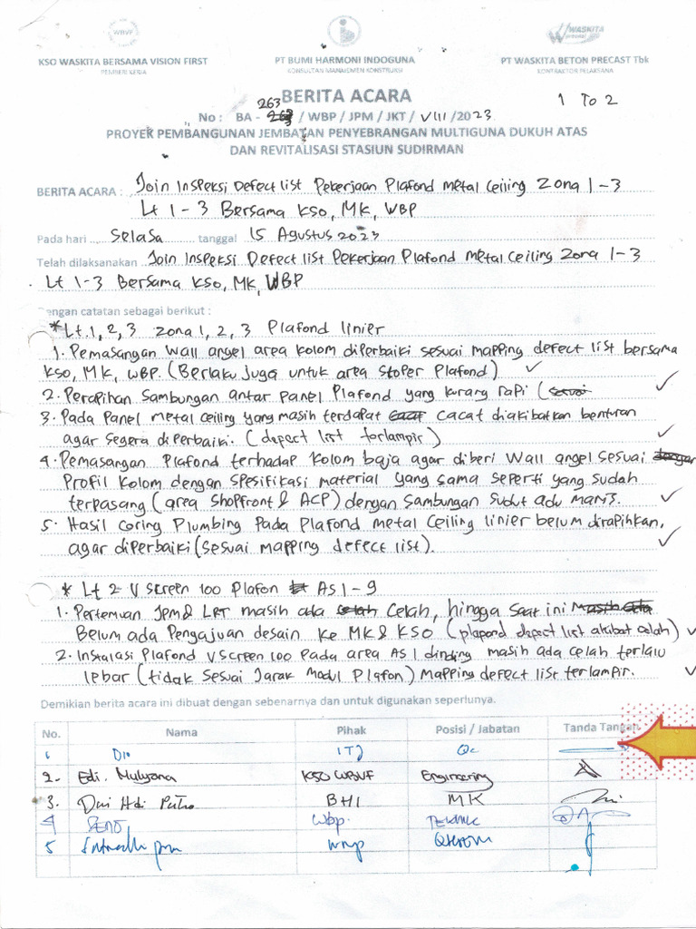 BA 263 WBP JPM JKT Viii 2023 - Defect List Plafon LT 1 3 Zona 1 3 | PDF