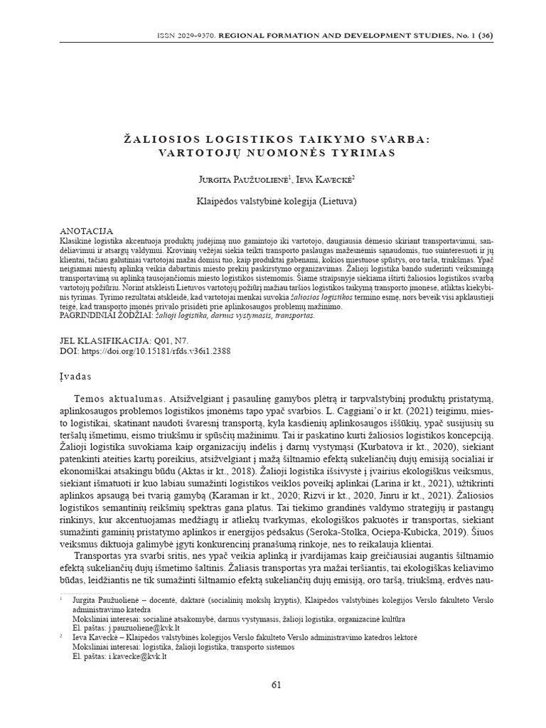 Žaliosios Logistikos Taikymo Svarba: Vartotojų Nuomonės Tyrimas | PDF