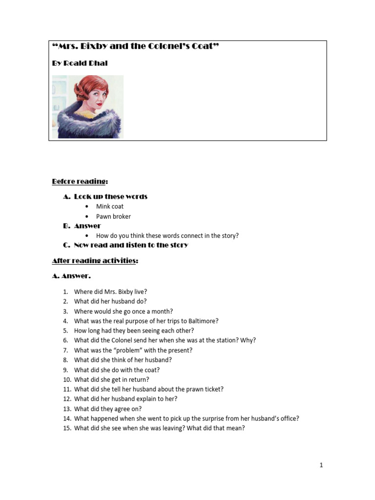 Mrs Bixby and The Colonels Coat Activities | PDF